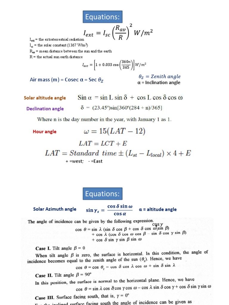 Equations Solar Basics and Solar Angles | PDF