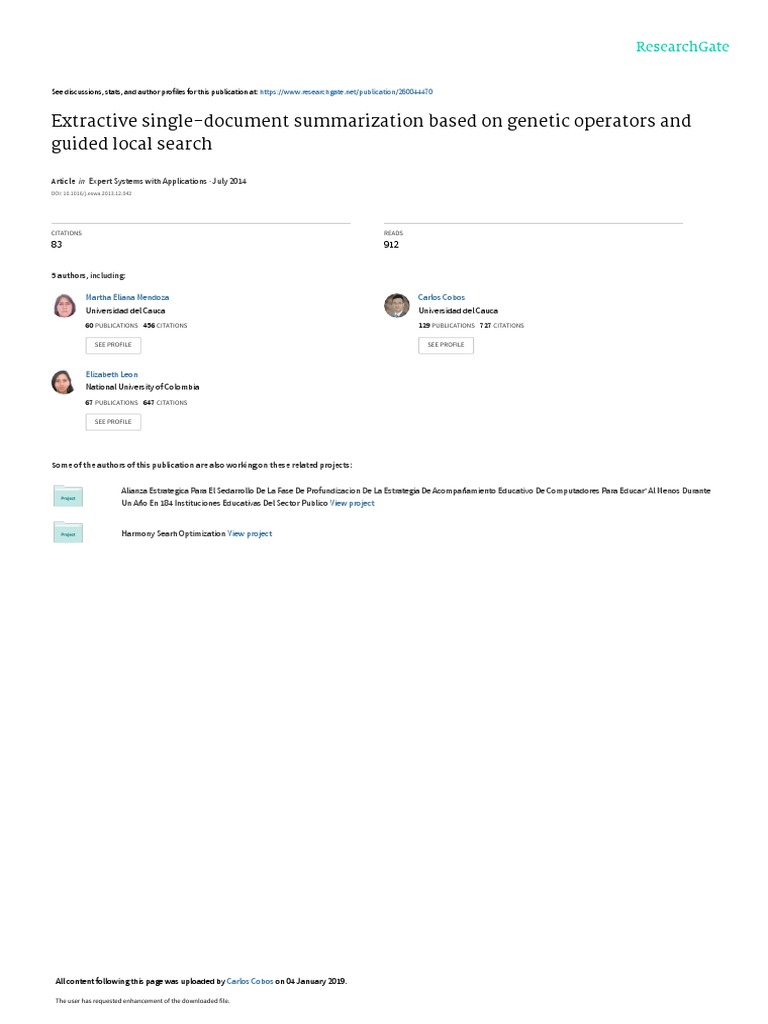 Extractive Single Document Summarization Based On Genetic Operators And Guided Local Search