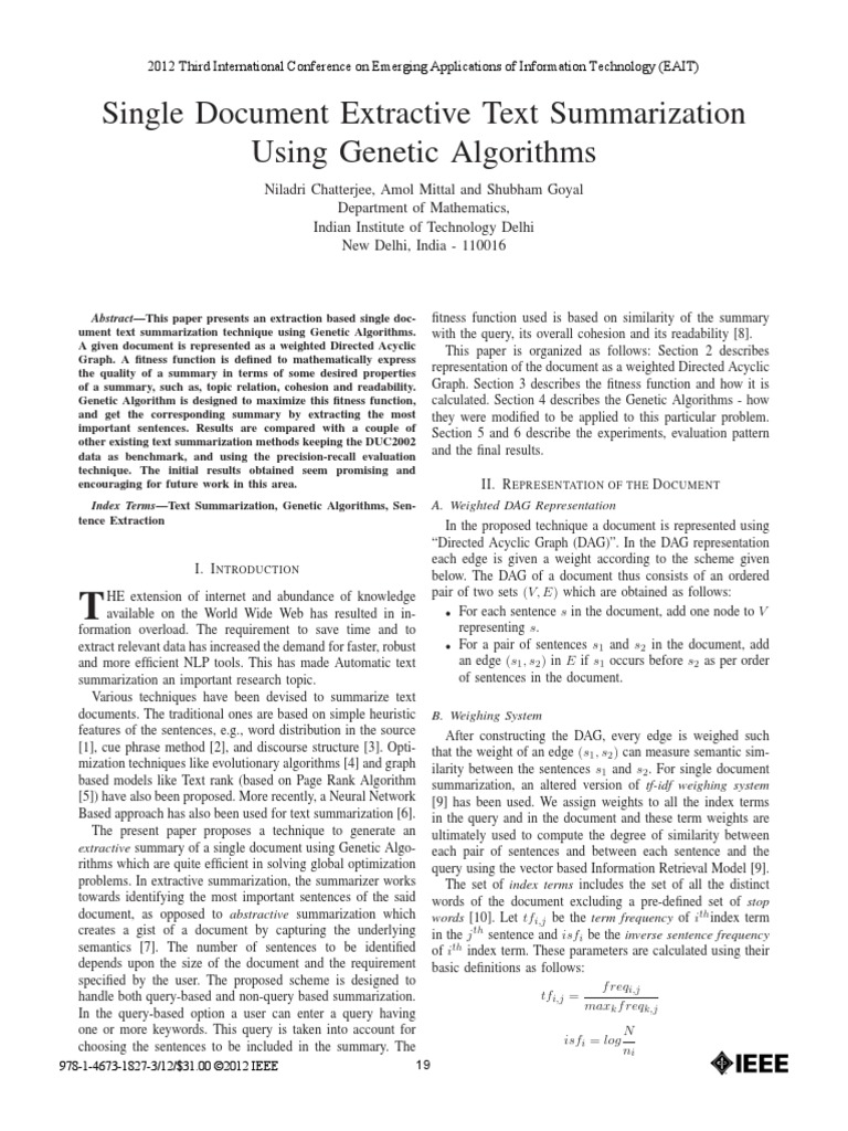 Single Document Extractive Text Summarization Using Genetic Algorithms
