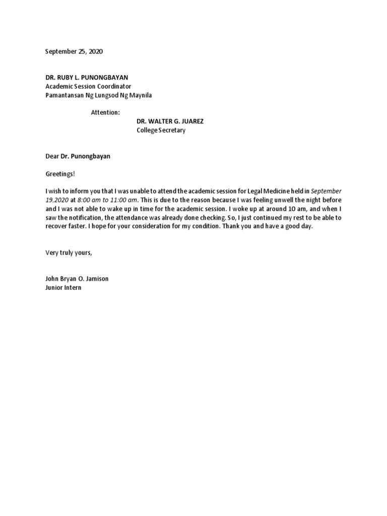 Bryan Jamison Letter For Missed Academic Session | PDF