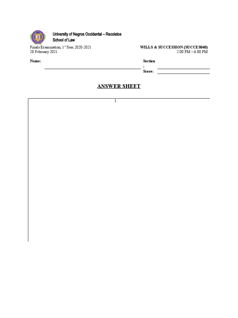 Answer Sheet - SUCCES040 Final Exams.2021.02.28 | PDF
