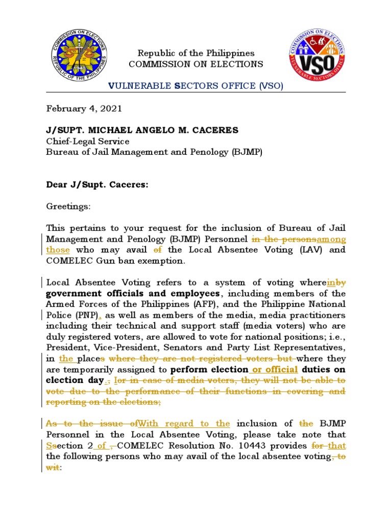 Guidelines on Local Absentee Voting and Gun Ban Exemption for Bureau of ...