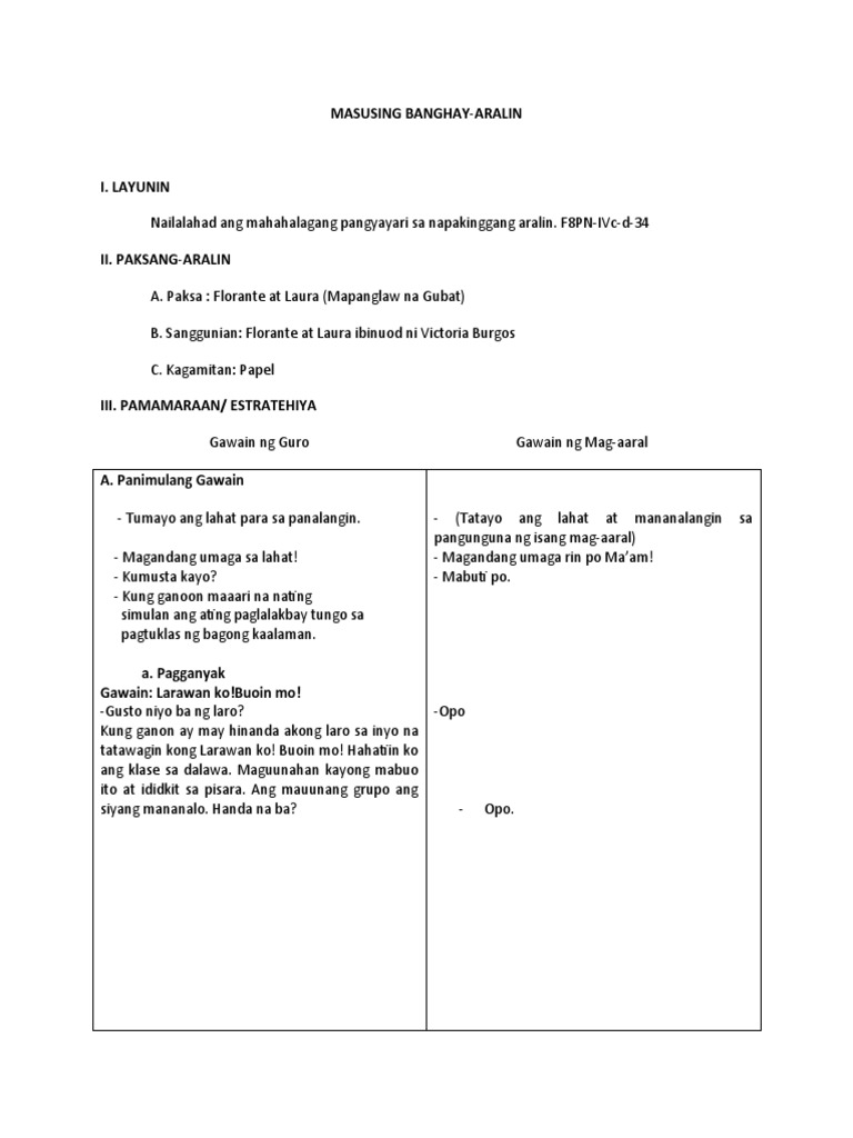 MASUSING BANGHAY Aralin | PDF