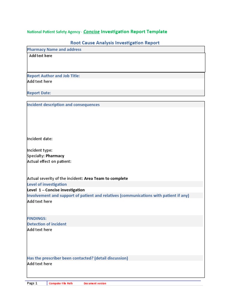 Root Cause Analysis Investigation Report Template | PDF