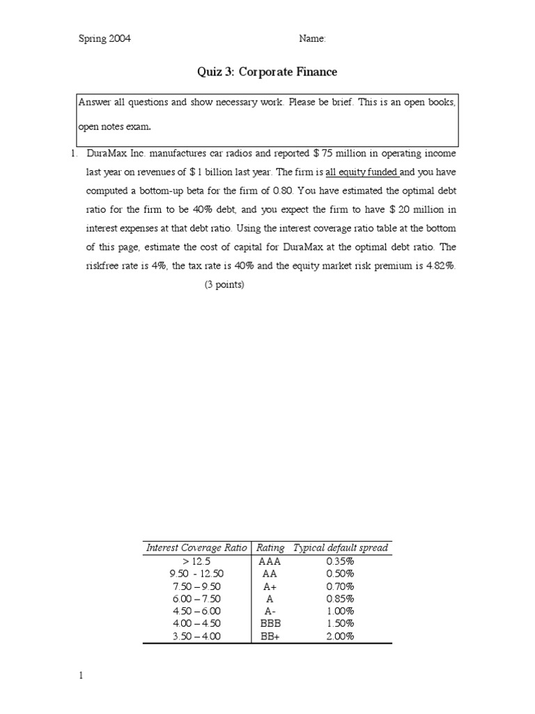 Quiz 3: Corporate Finance: Interest Coverage Ratio Rating Typical Default Spread | PDF | Cost Of ...