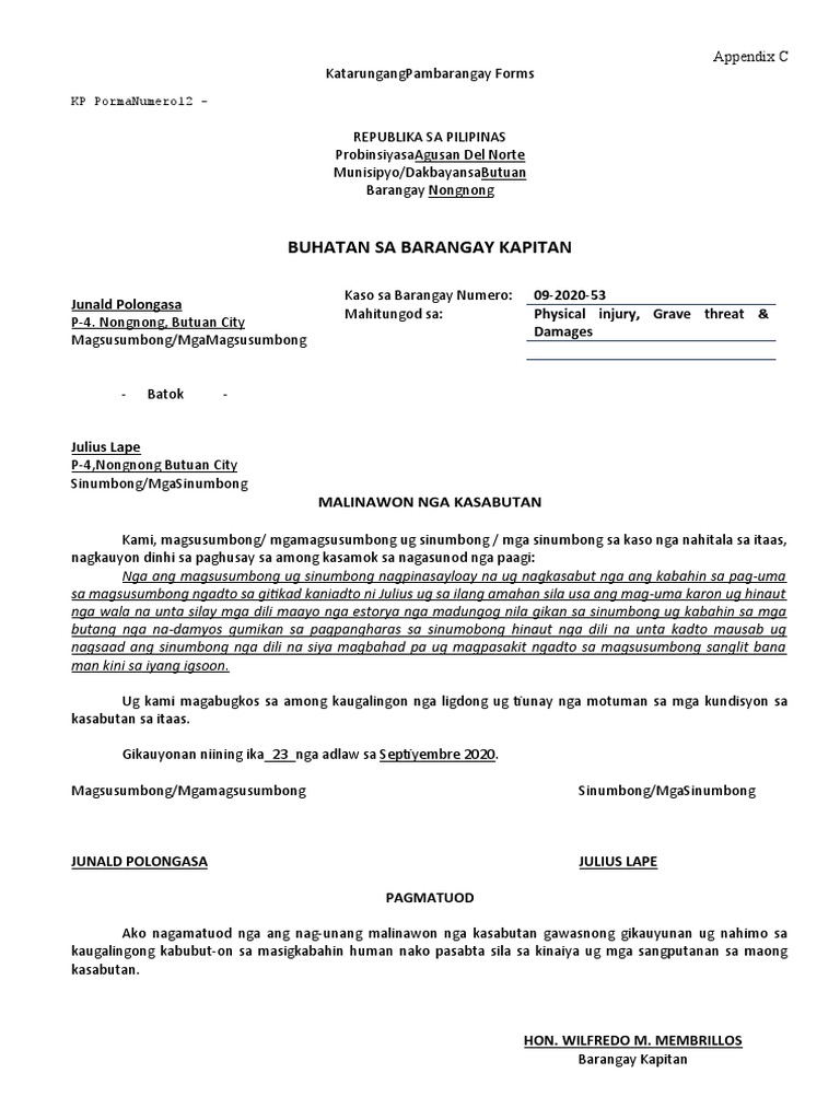 Malinawon Nga Kasabutan | PDF