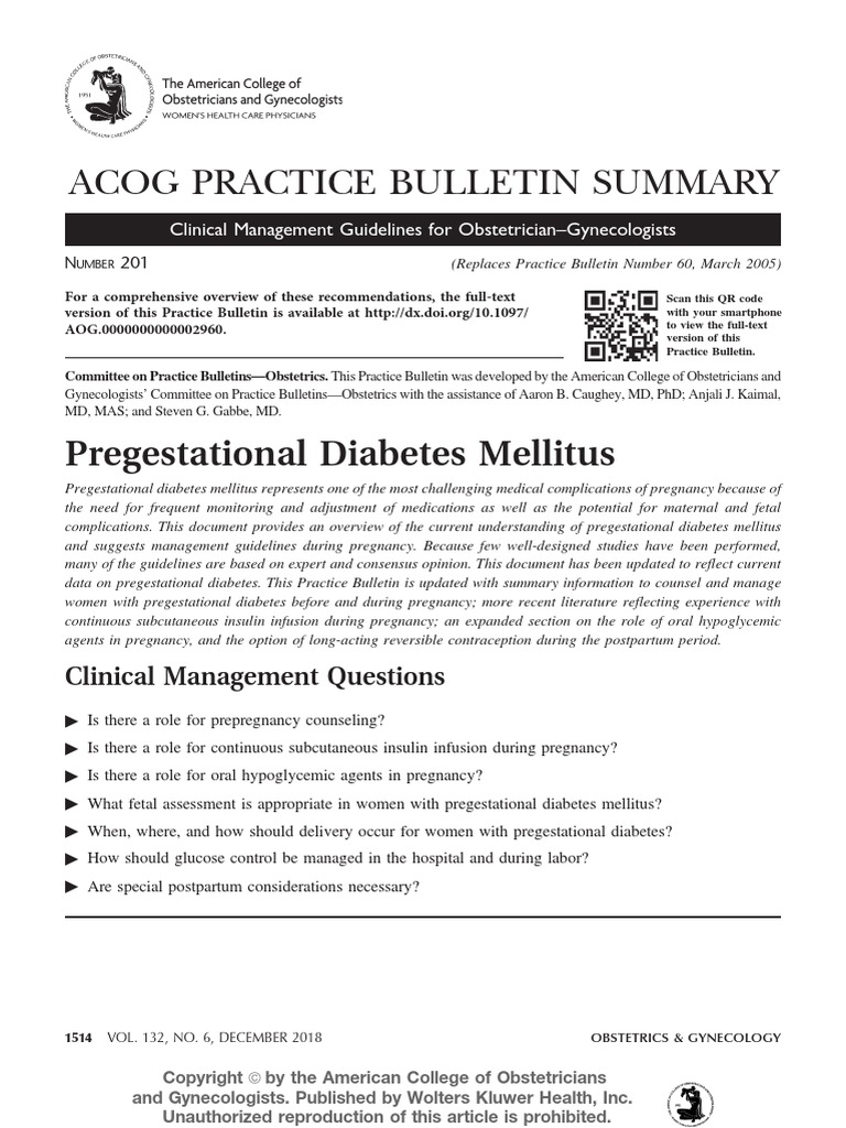Acog Practice Bulletin Summary: Pregestational Diabetes Mellitus | PDF ...