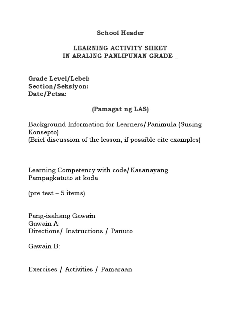 DepEd Learning Activity Sheets LAS Sample Template | PDF