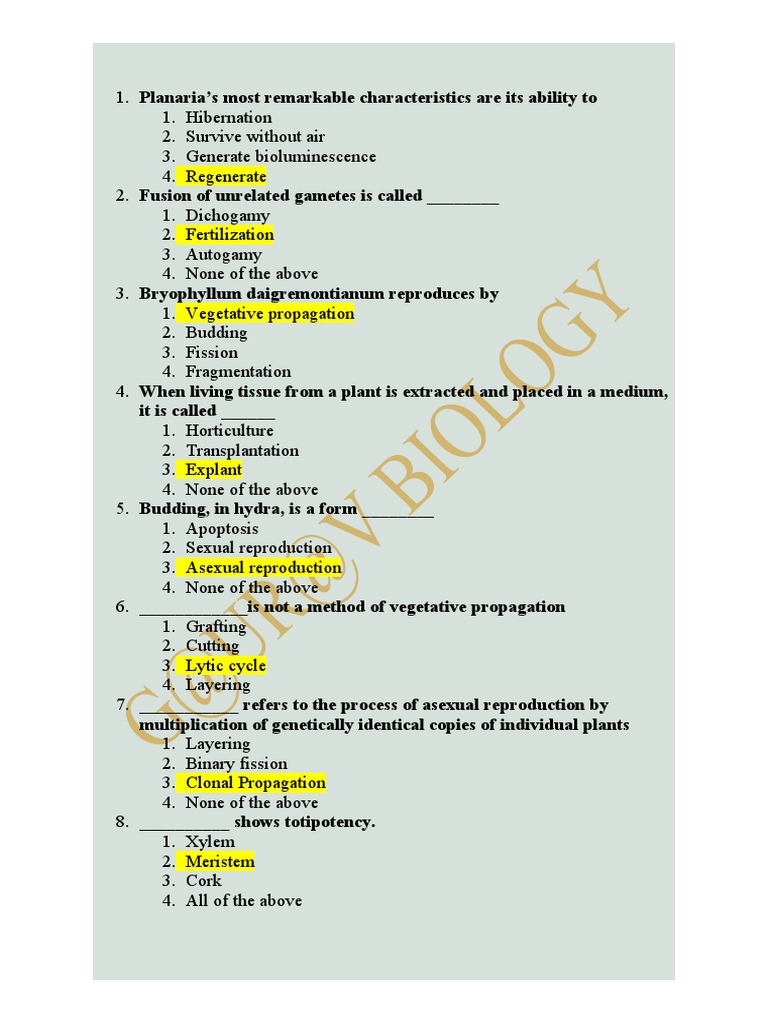 Reproduction in Organisms MCQ | PDF | Reproduction | Sexual Reproduction