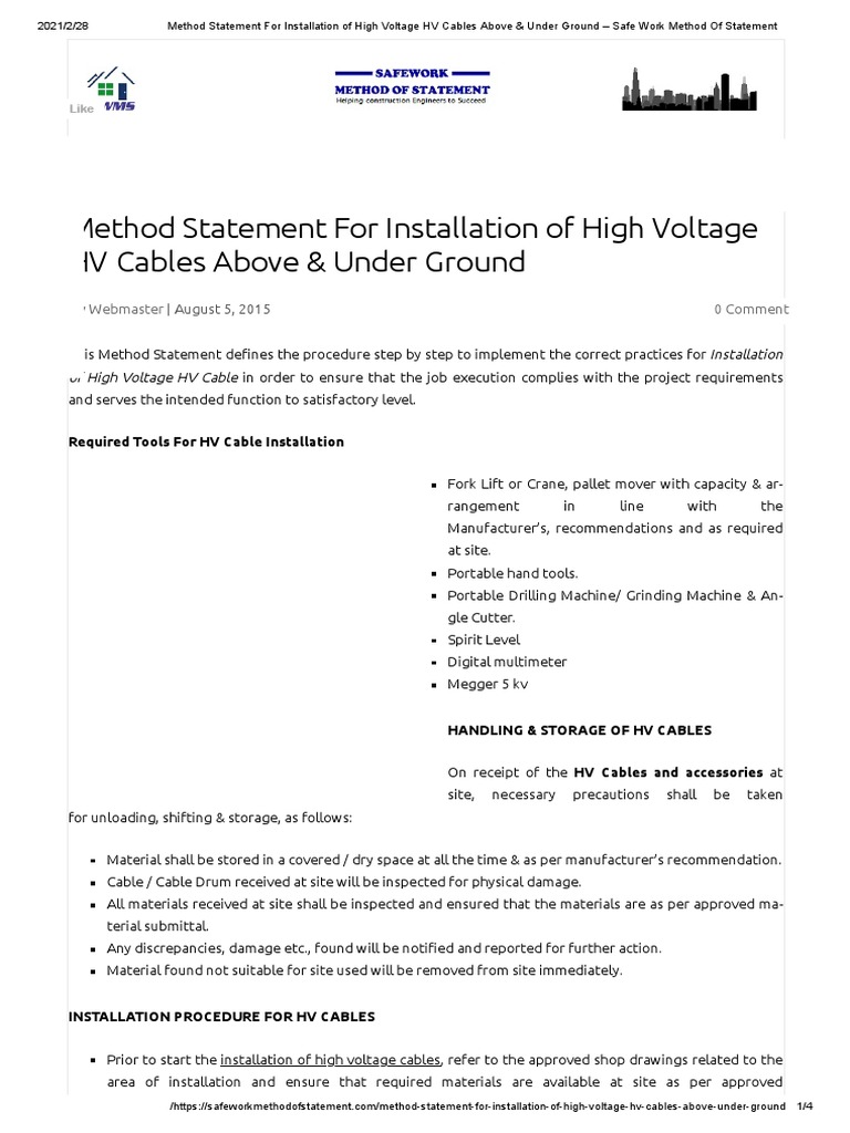 Method Statement For Installation of High Voltage HV Cables Above & Under Ground - Safe Work ...