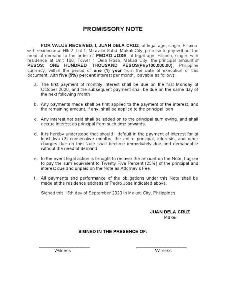 Notarized Promissory Note With Condition To Pay Monthly Interest Legal ...