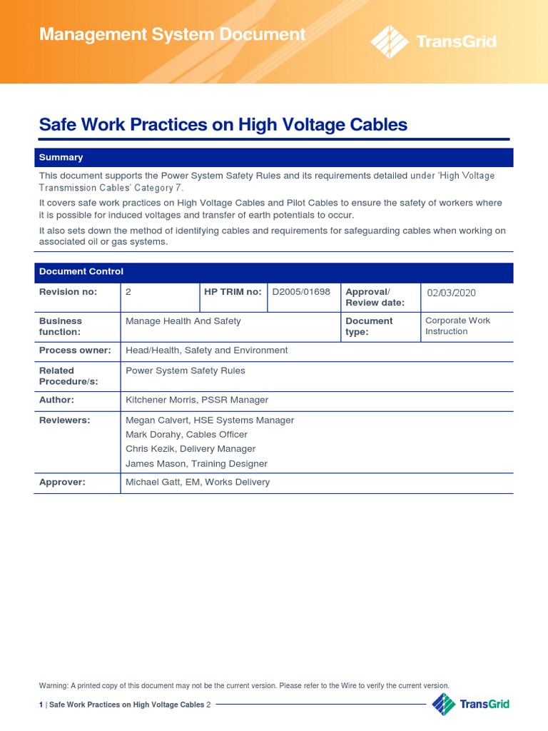 Safe Work Practices for HV Cables | PDF | Insulator (Electricity ...