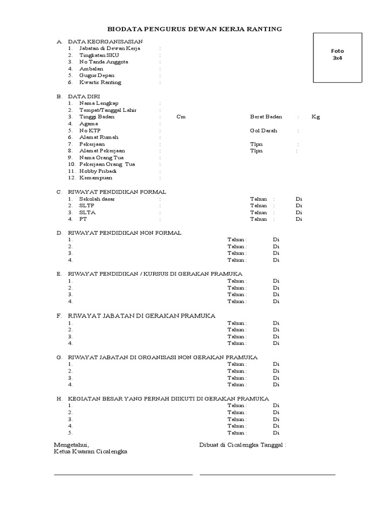 Biodata Pengurus Dewan Kerja Ranting | PDF