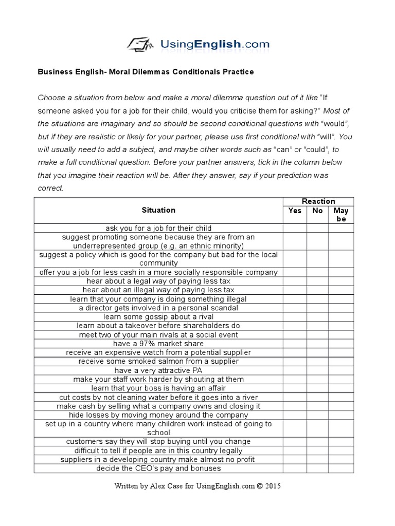 Business English Moral Dilemmas Conditionals Practice | PDF | Monopoly ...