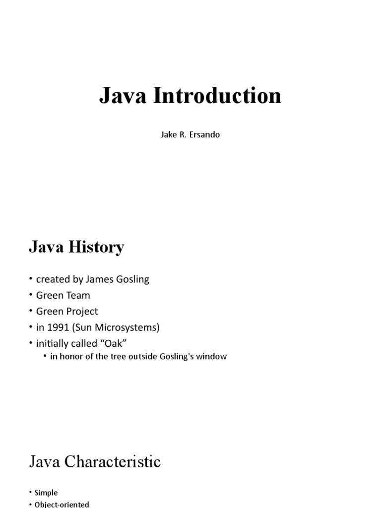 Java Introduction: Jake R. Ersando | PDF