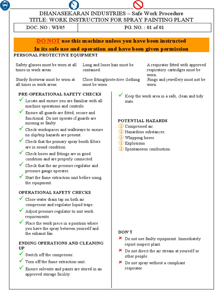 Safe Work Procedure for Spray Painting | PDF | Personal Protective ...