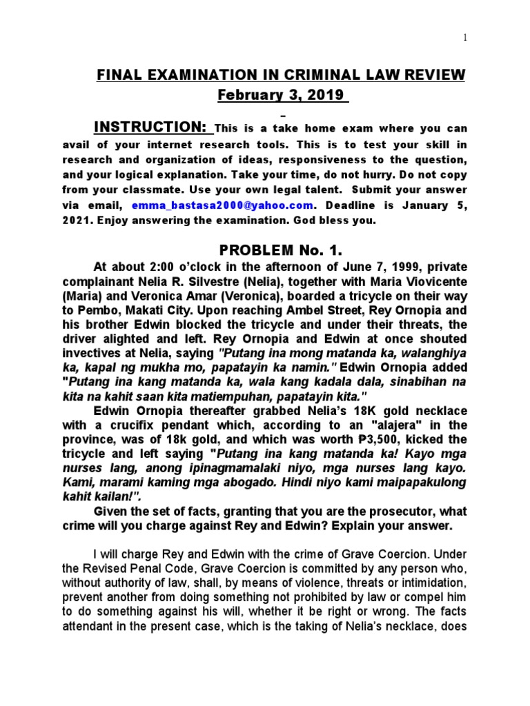 Final Examination in Criminal Law Review February 3, 2019 Instruction ...