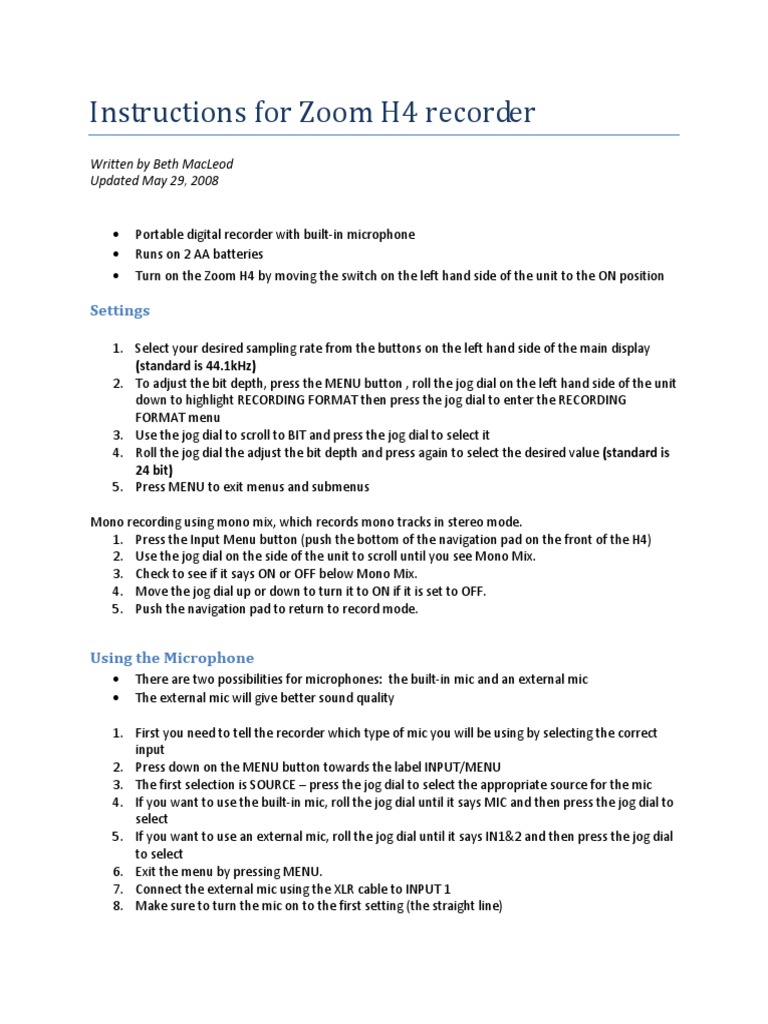 Guide To Zoom H4 Recorder | PDF | Menu (Computing) | Microphone