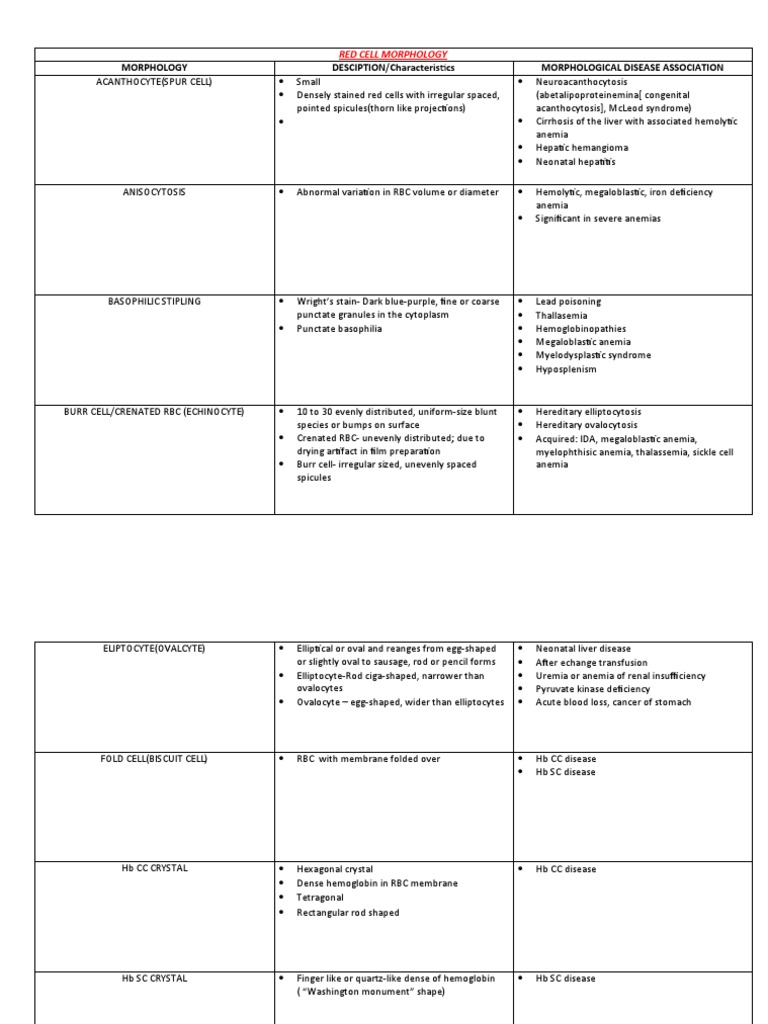 RED CELL MORPHOLOGY Tabulation Summary | PDF | Anemia | Red Blood Cell