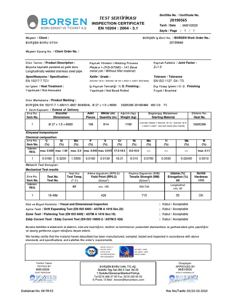 Inspection Certificate EN 10204: 2004 - 3.1: Test Sertifikasi | PDF