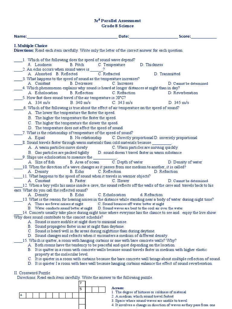 Grade 8 3rd Assessment Sample Sample | PDF | Refraction | Sound