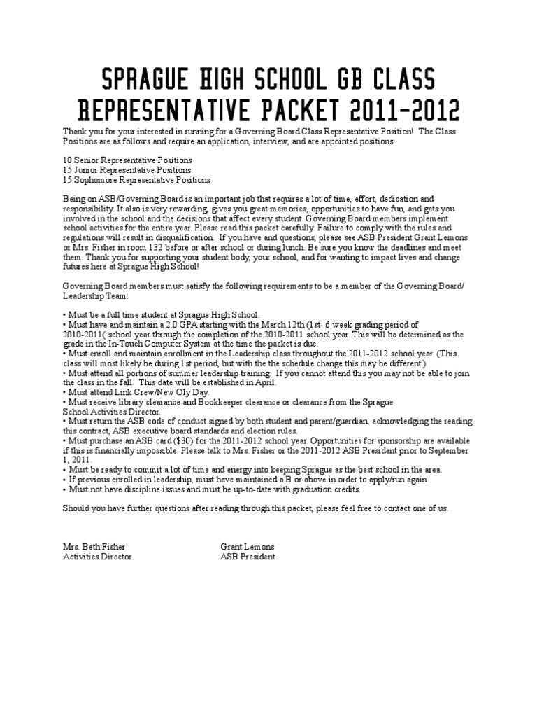 Sprague High School GB Class Representative Packet 2011-2012 | PDF ...