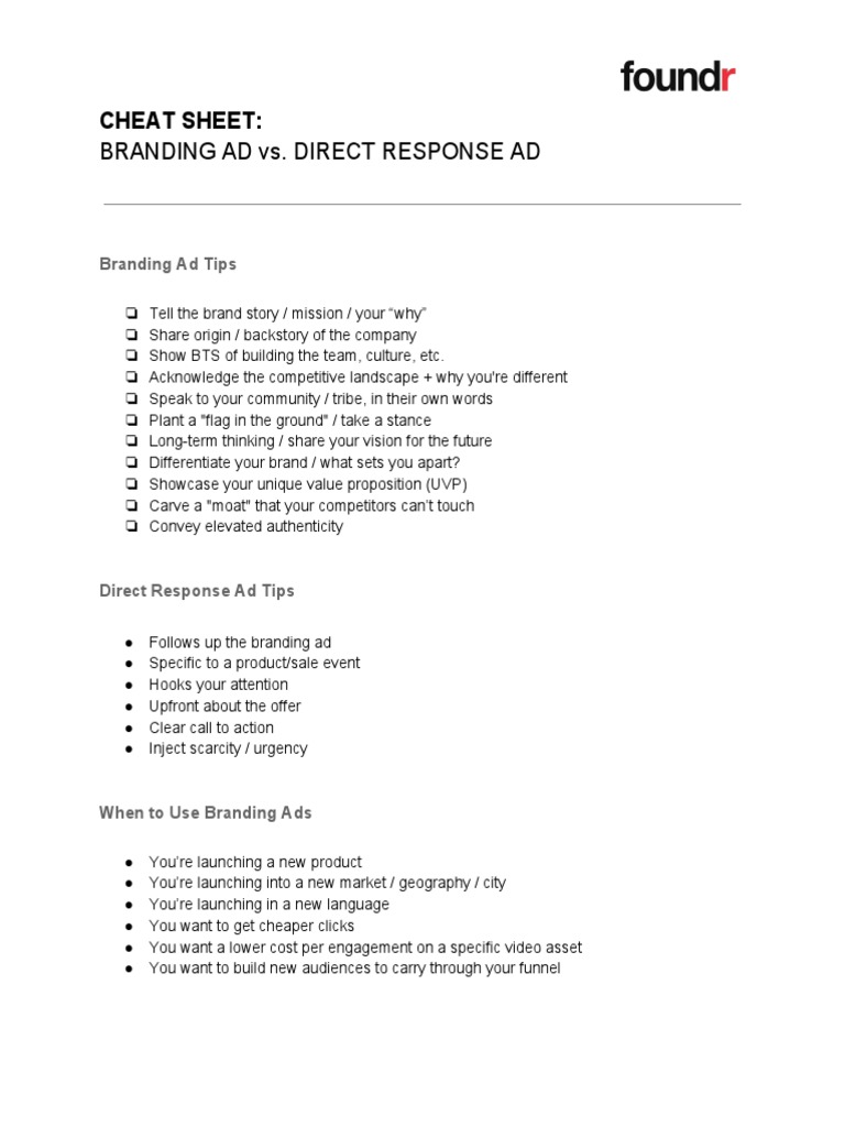 Branding Ad vs. Direct Response Ad: Cheat Sheet | PDF