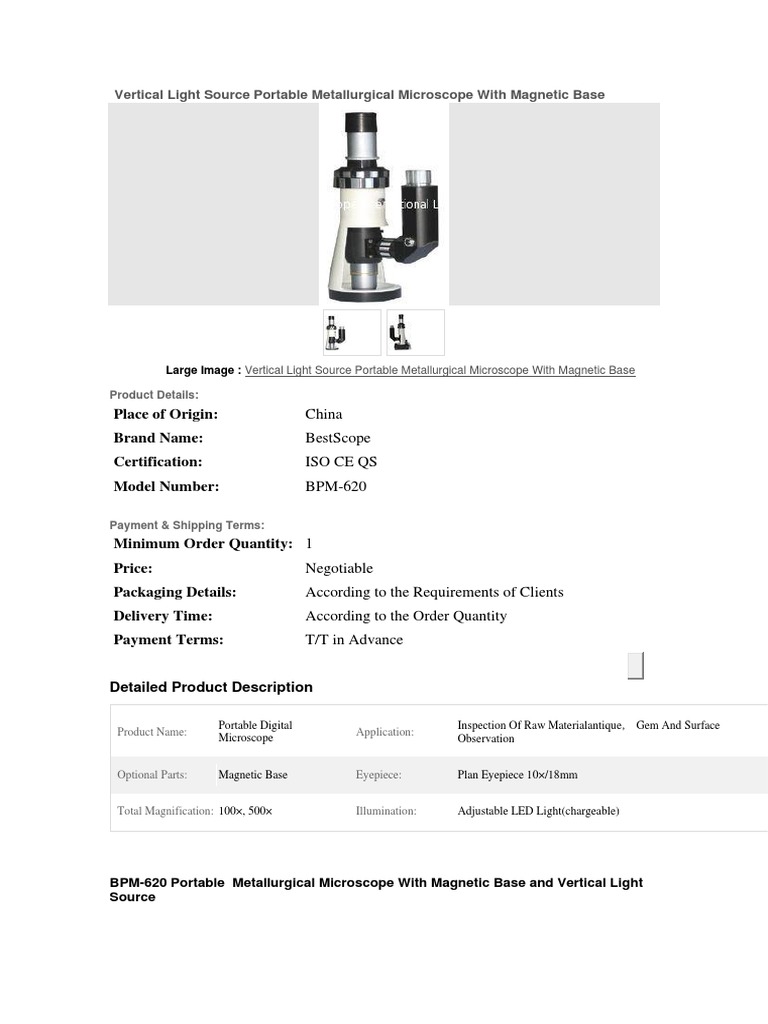 Vertical Light Source Portable Metallurgical Microscope With Magnetic ...