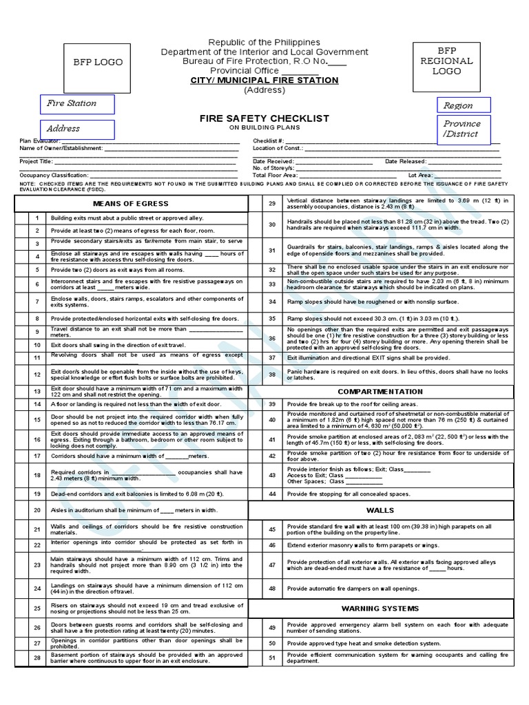 Fire Safety Inspection Checklist Philippines | PDF | Stairs | Wall