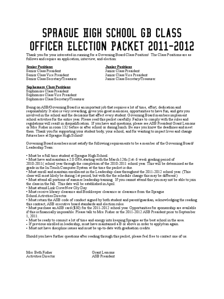 Sprague High School GB Class Officer Election Packet 2011-2012 | PDF ...