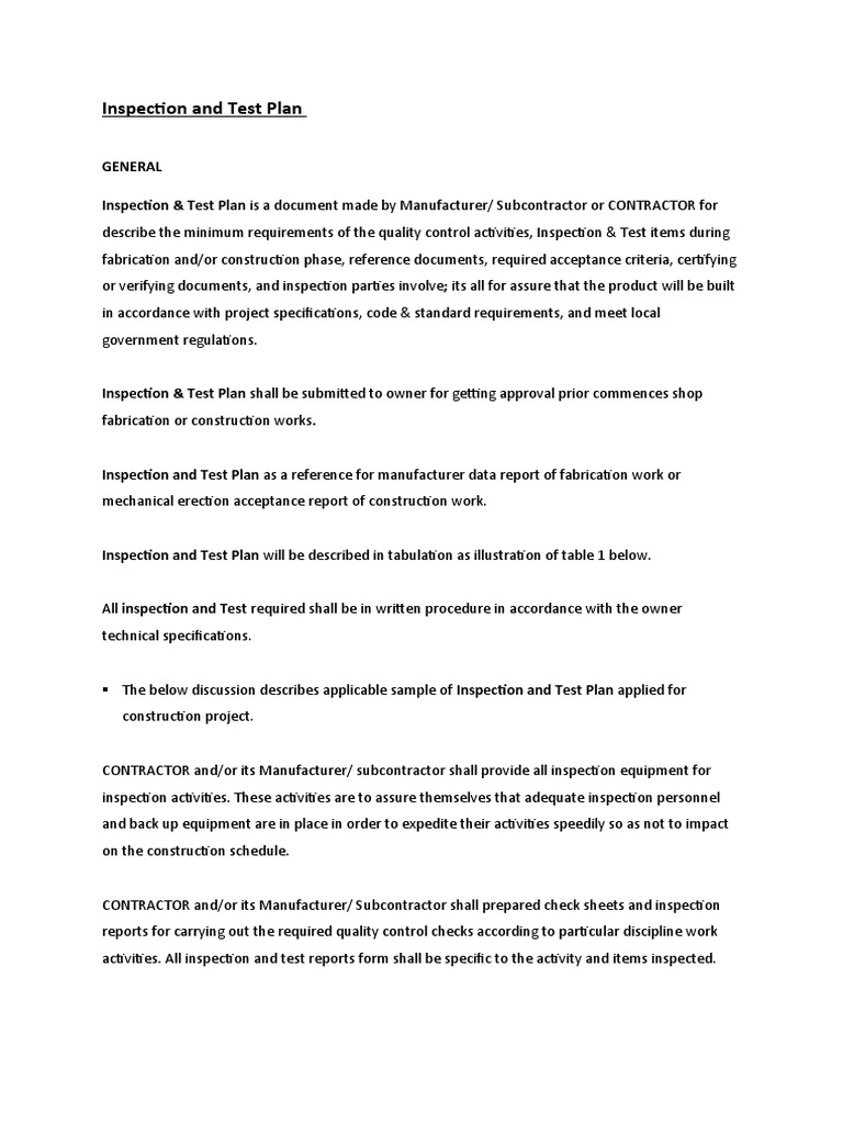 Inspection and Test Plan | PDF | Specification (Technical Standard)