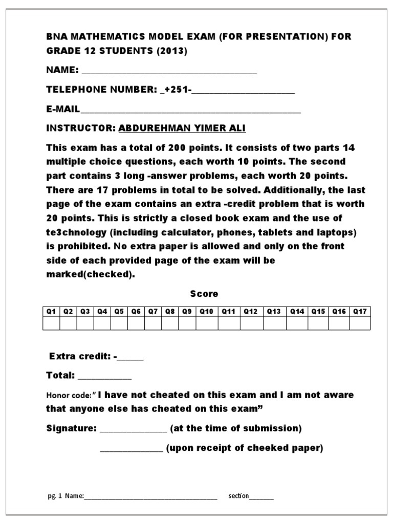 Bna Mathematics Model Exam For Grade 12 Students | PDF | Derivative ...