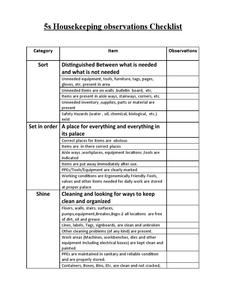 5s Housekeeping Cheklist | PDF | Housekeeping | Personal Protective ...
