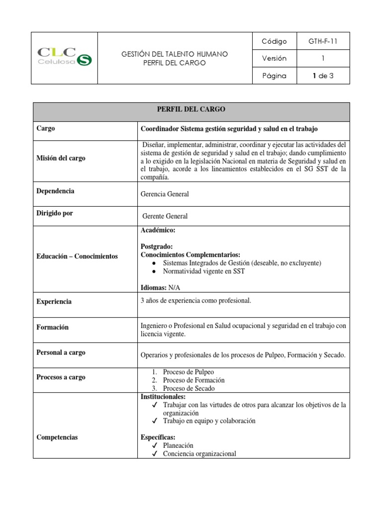 PERFIL DE CARGO Coordinador SST Editable | PDF | Gestión del talento | Empresas