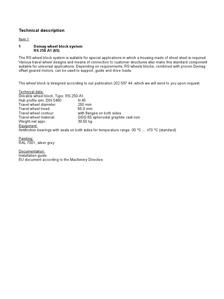 Technical Description: 1 Demag Wheel Block System RS 250 A1 | PDF