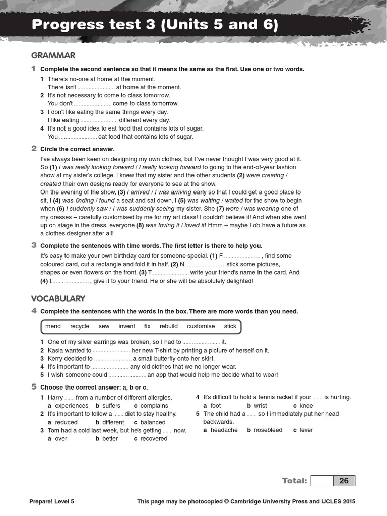 Prepare Level 5 Progress Test 3 U5-6 | PDF | Clothing