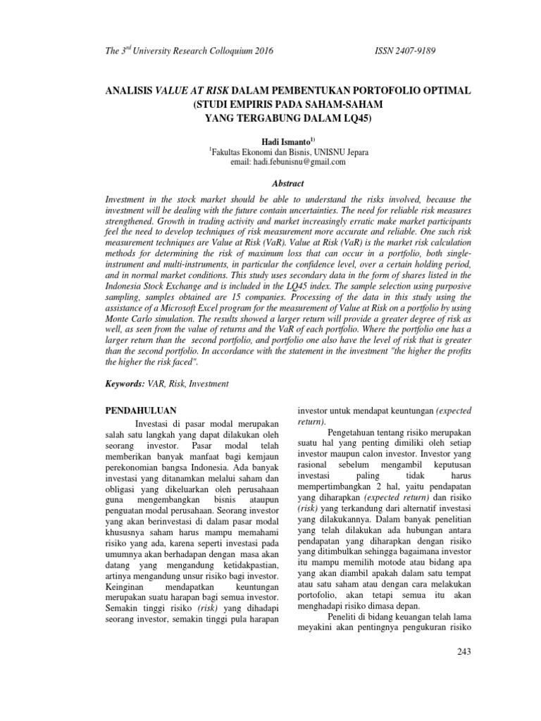Hadi Ismanto | PDF | Value At Risk | Portfolio (Finance)