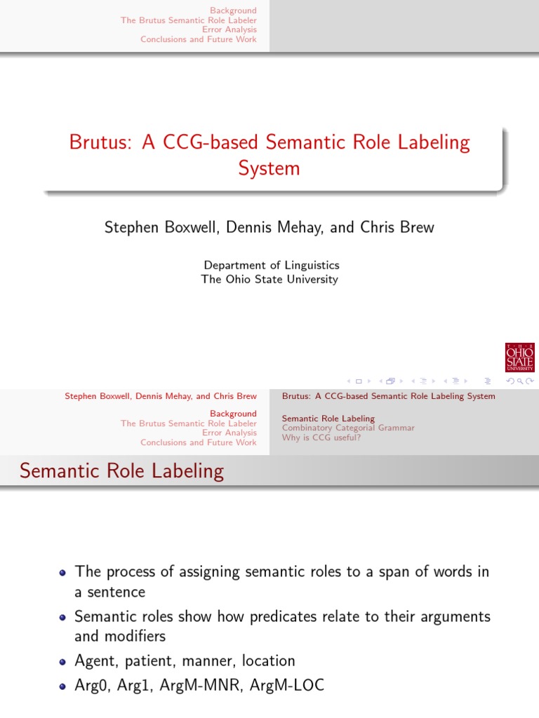 Brutus: A CCG-based Semantic Role Labeling System: Stephen Boxwell, Dennis Mehay, and Chris Brew ...