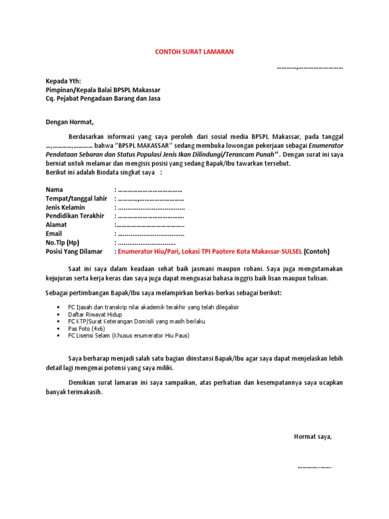 Contoh Surat Lamaran Enumerator | PDF