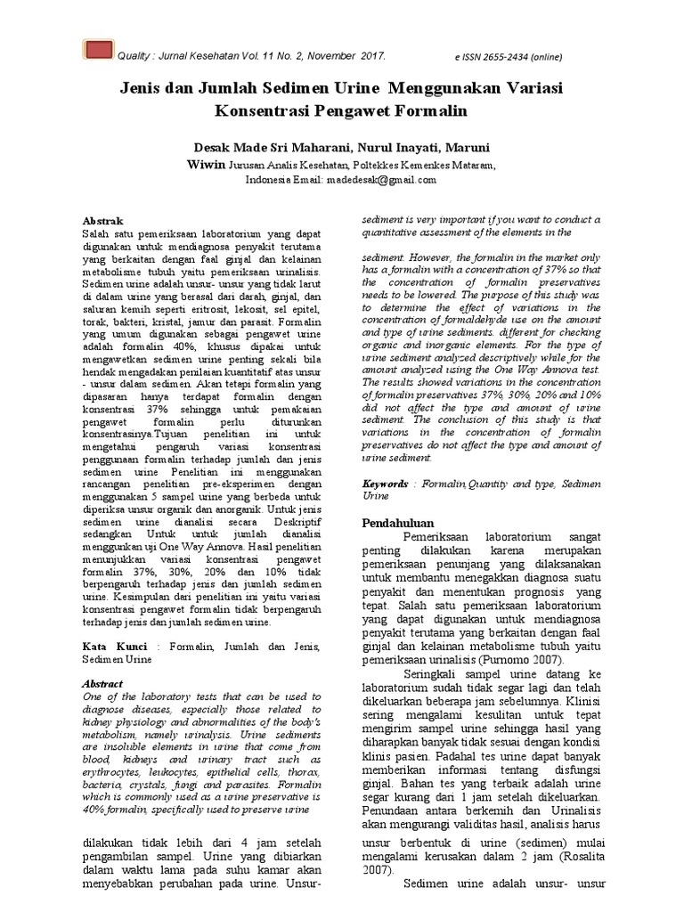 Jenis Dan Jumlah Sedimen Urine Menggunakan Variasi Konsentrasi Pengawet ...