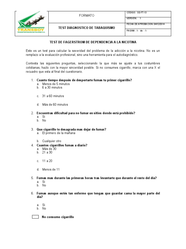 Sg-ft-13 Test Diagnostico de Tabaquismo | PDF | Nicotina | Cigarrillo