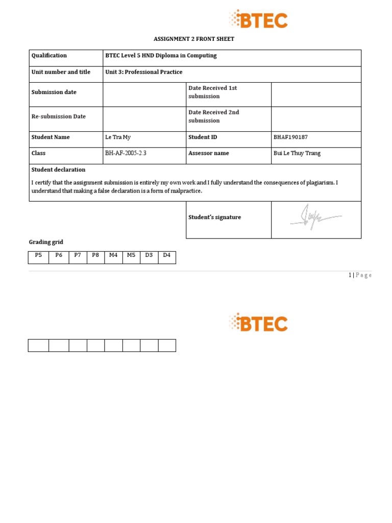 Assignment 2 Front Sheet Qualification BTEC Level 5 HND Diploma in ...