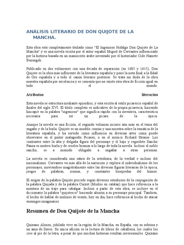 Análisis Literario de Don Quijote de La Mancha | PDF | Don Quijote ...