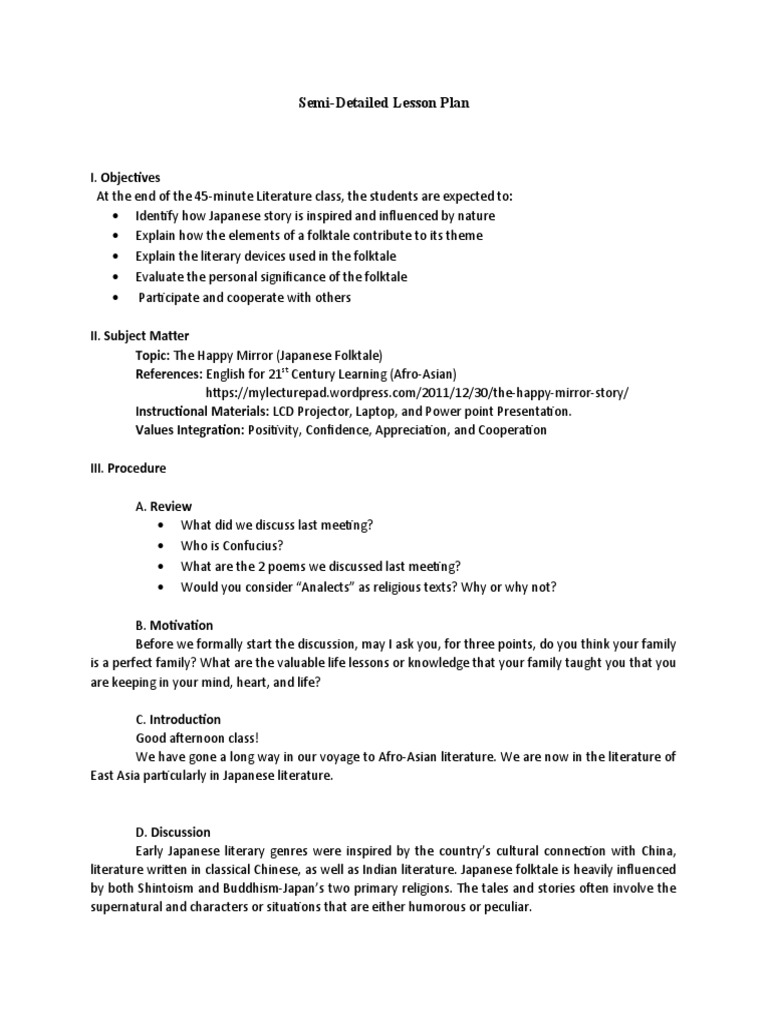 Semi-Detailed Lesson Plan: Topic: The Happy Mirror (Japanese Folktale ...