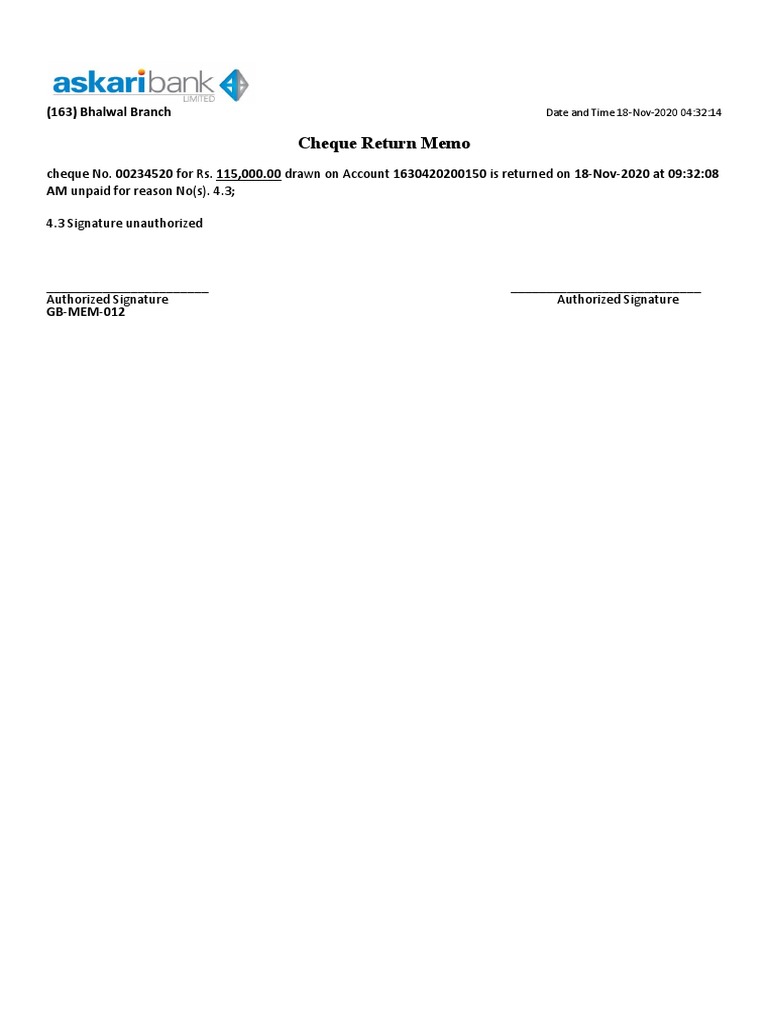 Cheque Return Memo Askari Bank | PDF