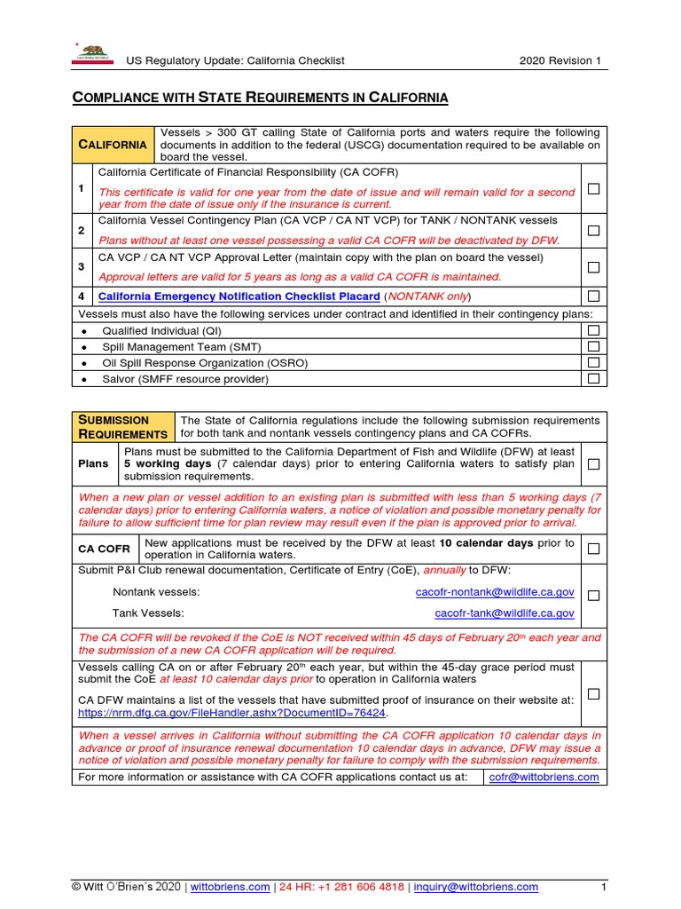 California COFR Compliance Checklist | PDF | Fuel Oil | Ships