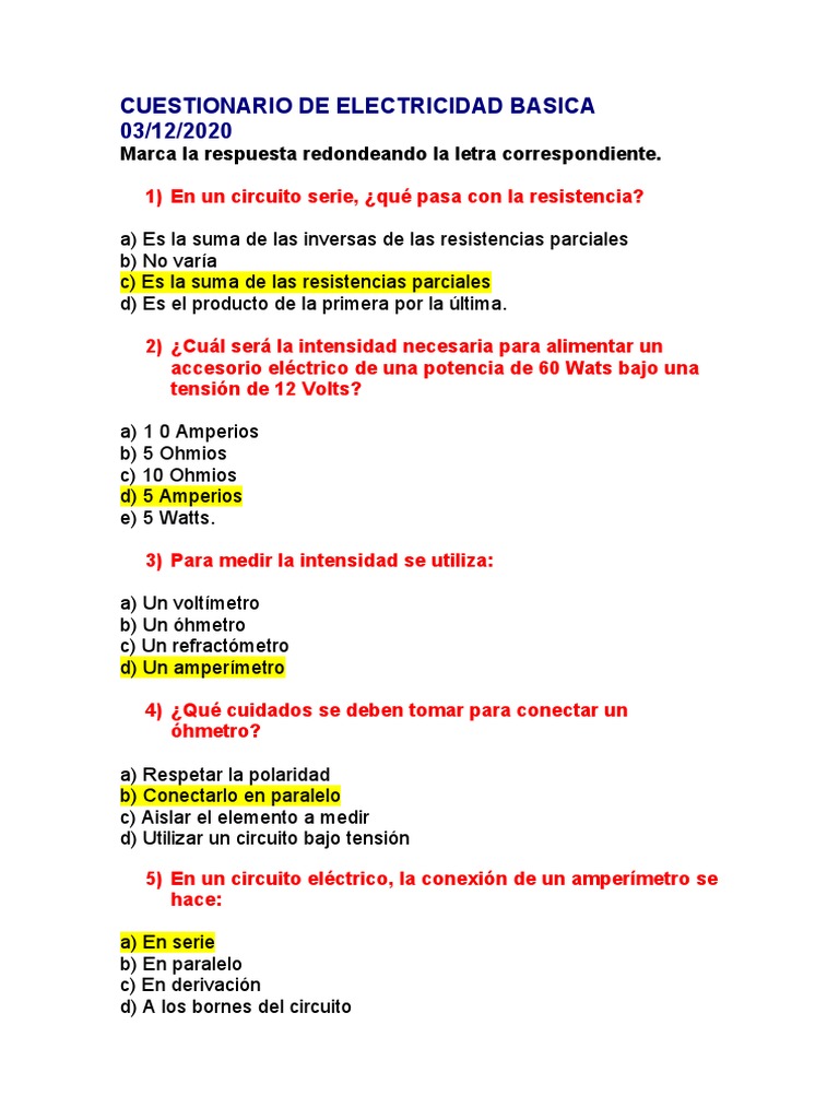 Cuestionario de Electricidad Basica | PDF