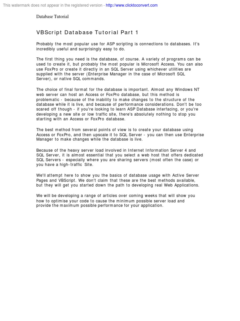 VBScript Database Tutorial | PDF | Microsoft Access | Sql