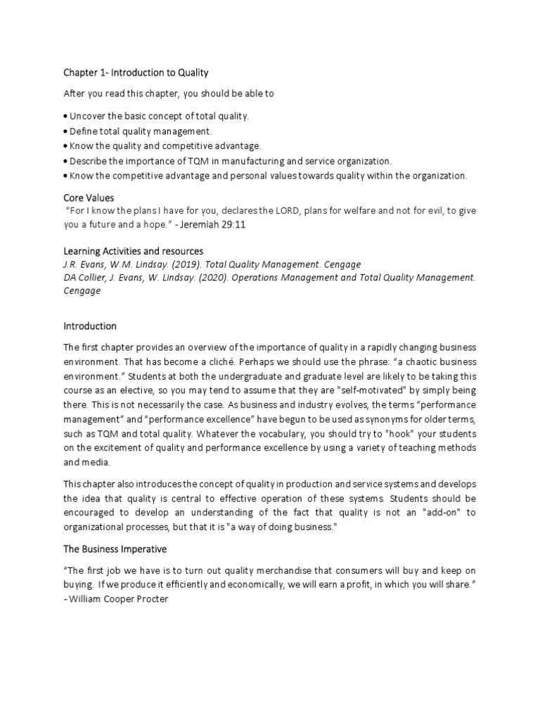 Chapter 1 - Introduction To Quality | PDF | Customer | Quality (Business)