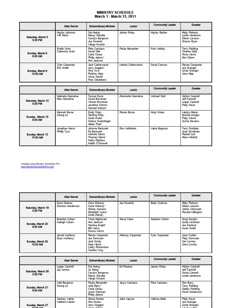 March 2011 Ministry Schedule | PDF